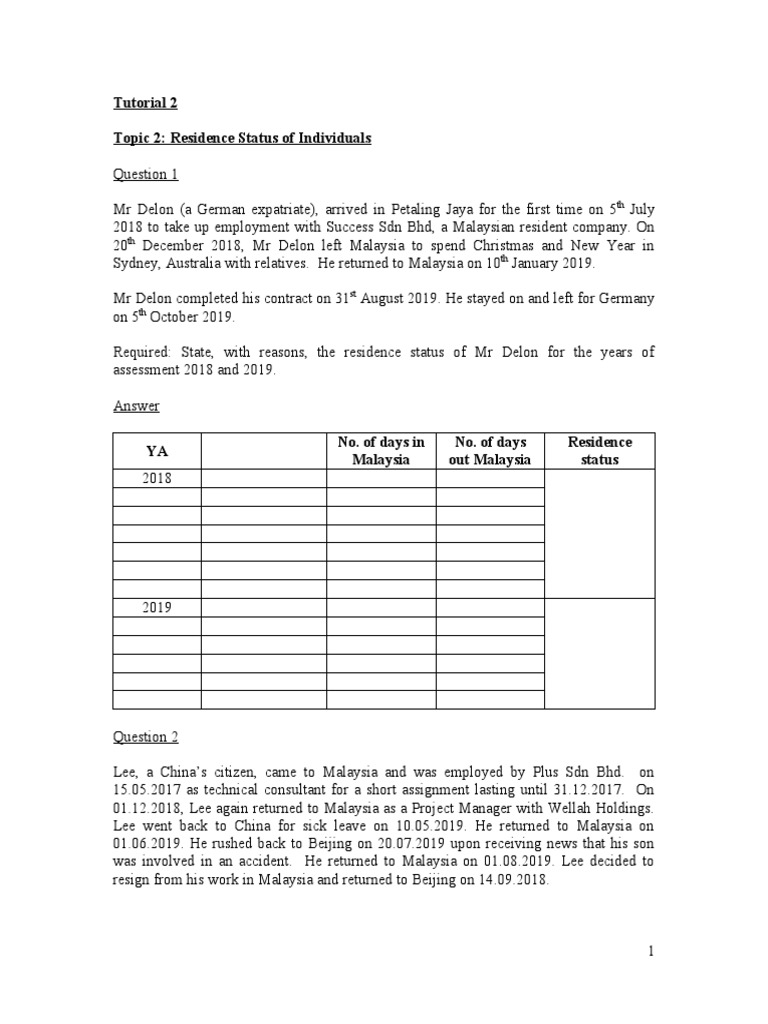 Tutorial 2 Topic 2: Residence Status of Individuals | PDF | Malaysia ...
