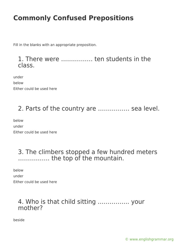 Commonly Confused Prepositions: 1. There Were . Ten Students in The ...
