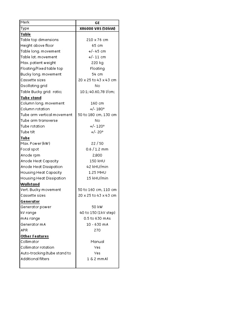 XR6000 VRS Radiography Table Specs | PDF