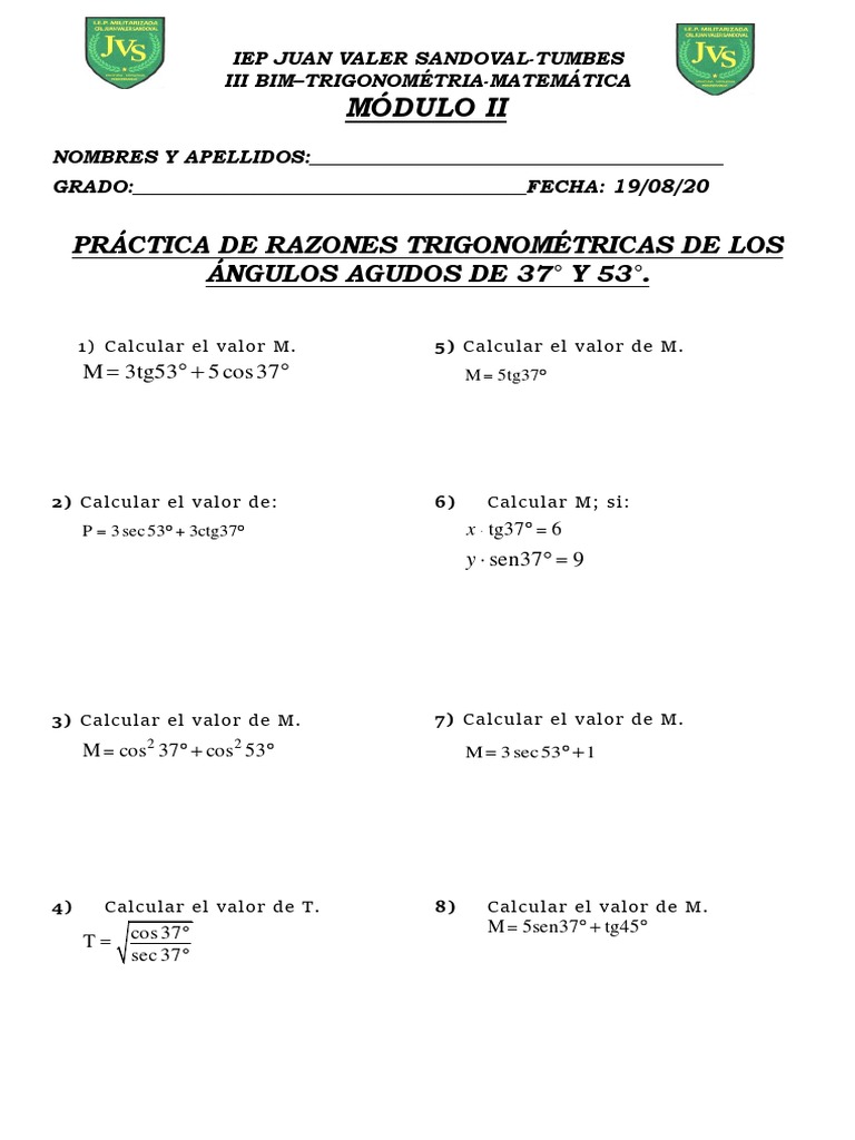 Práctica de Trigonometría para Estudiantes | PDF