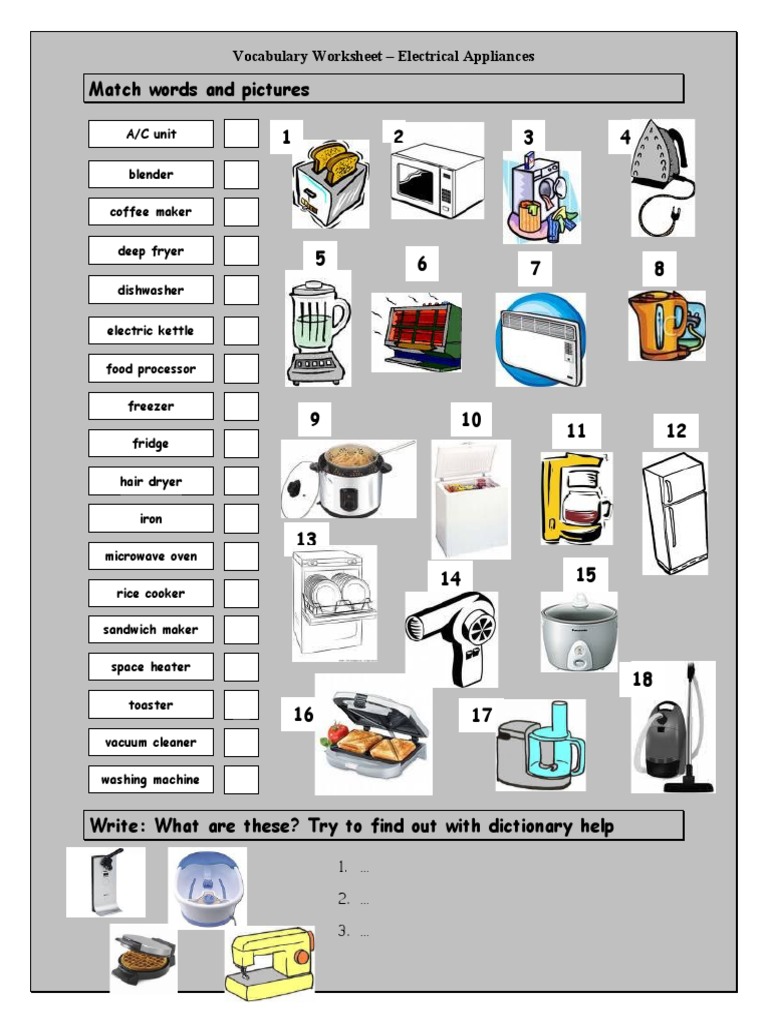 Match Words and Pictures 1 3 2 4: Vocabulary Worksheet - Electrical ...