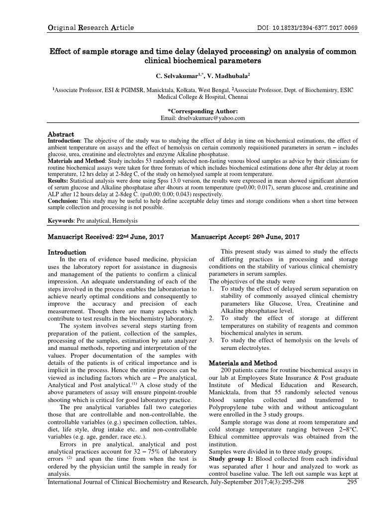 Effect of Sample Storage and Time Delay (Delayed Processing) On ...