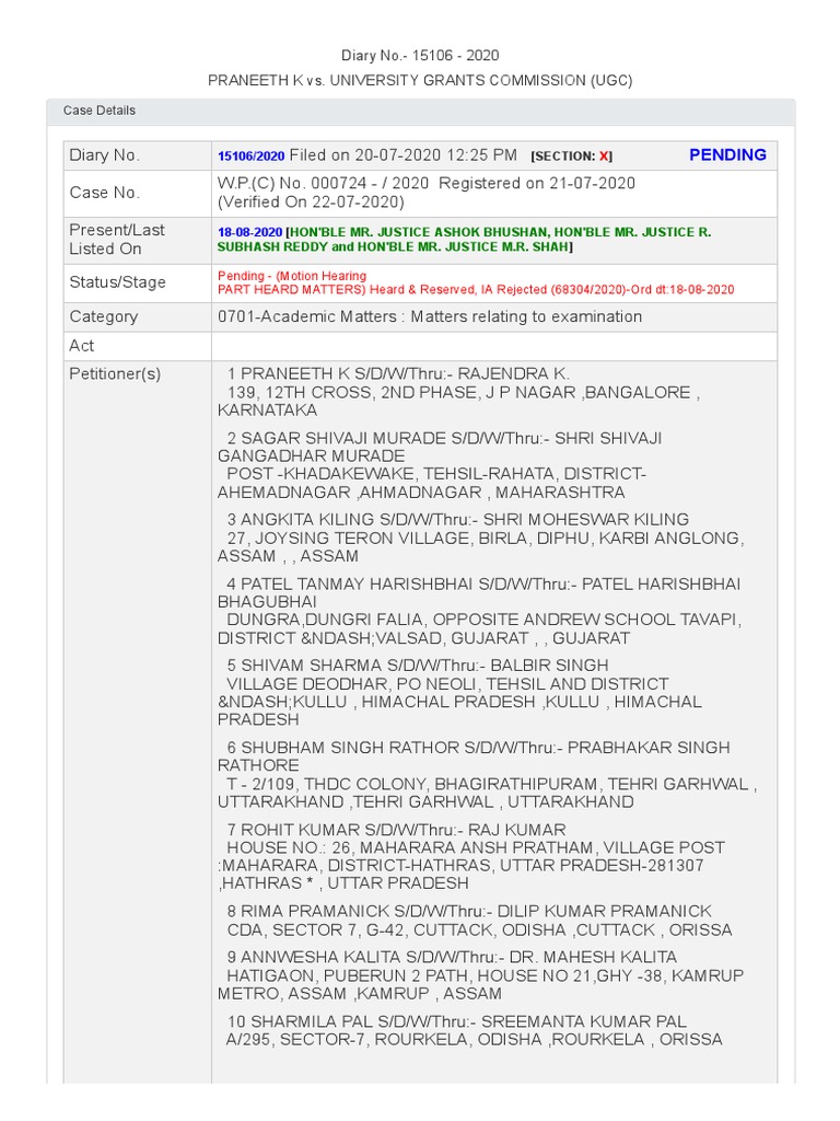 Case Status - SUPREME COURT OF INDIA Exams | PDF | Government Of India ...