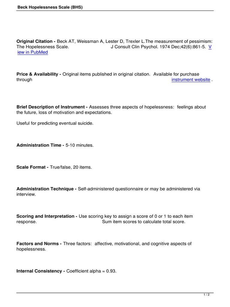 Beck Hopelessness Scale Overview | PDF