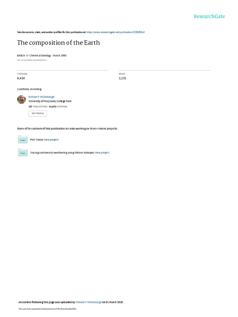 The Composition of The Earth: Chemical Geology March 1995 | Download ...