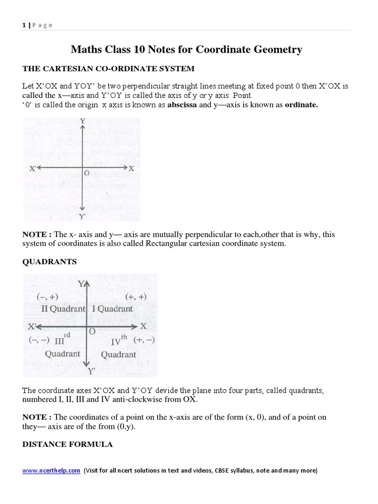 Maths Notes For Class 10 Chapter 7 Coordinate Geometry | PDF ...
