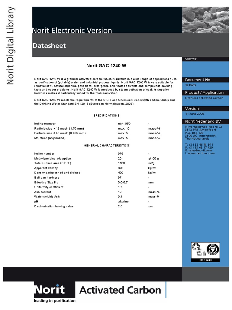 Datasheet: Norit GAC 1240 W | PDF | Water | Chemistry