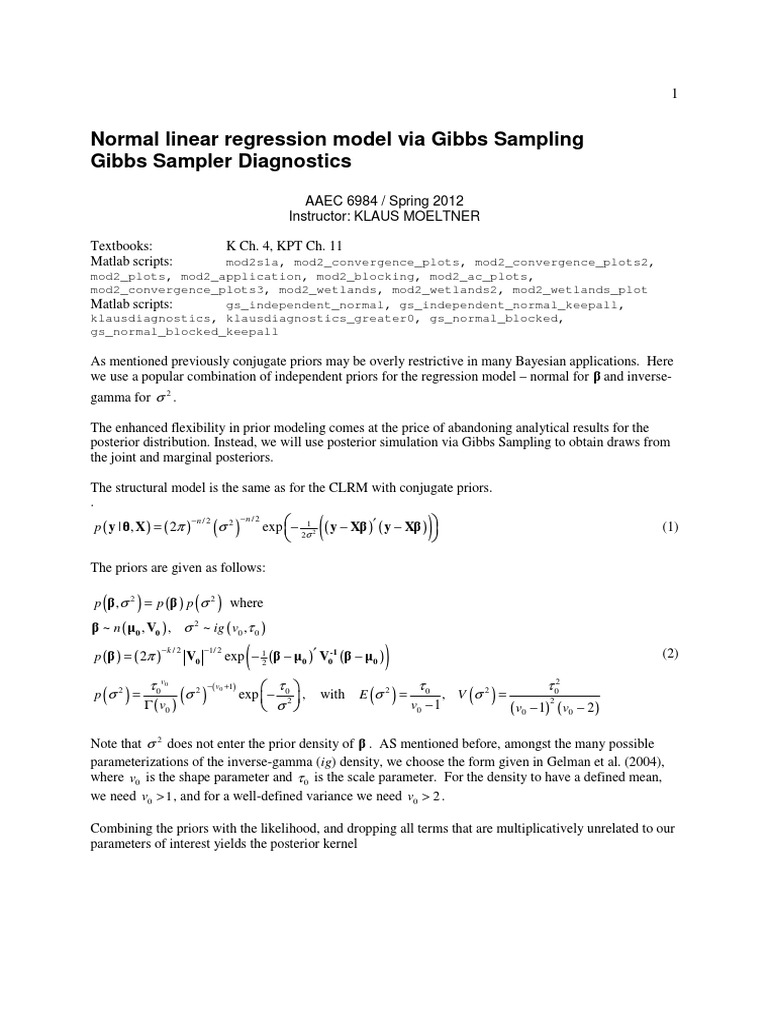 Normal Linear Regression Model Via Gibbs Sampling Gibbs Sampler Diagnostics Pdf Linear 