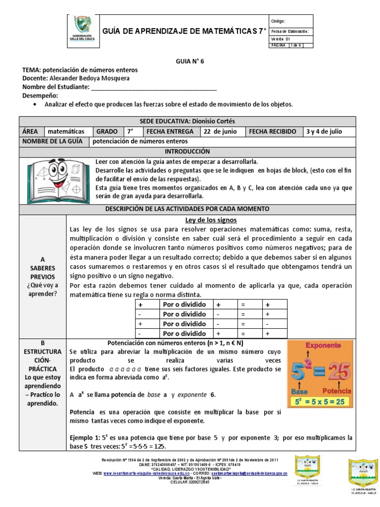 Potenciación de Números Enteros 7 | PDF | Exponenciación | Multiplicación