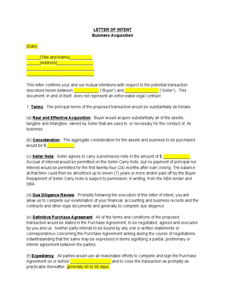 Letter of Intent Business Acquisition | PDF | Financial Transaction ...