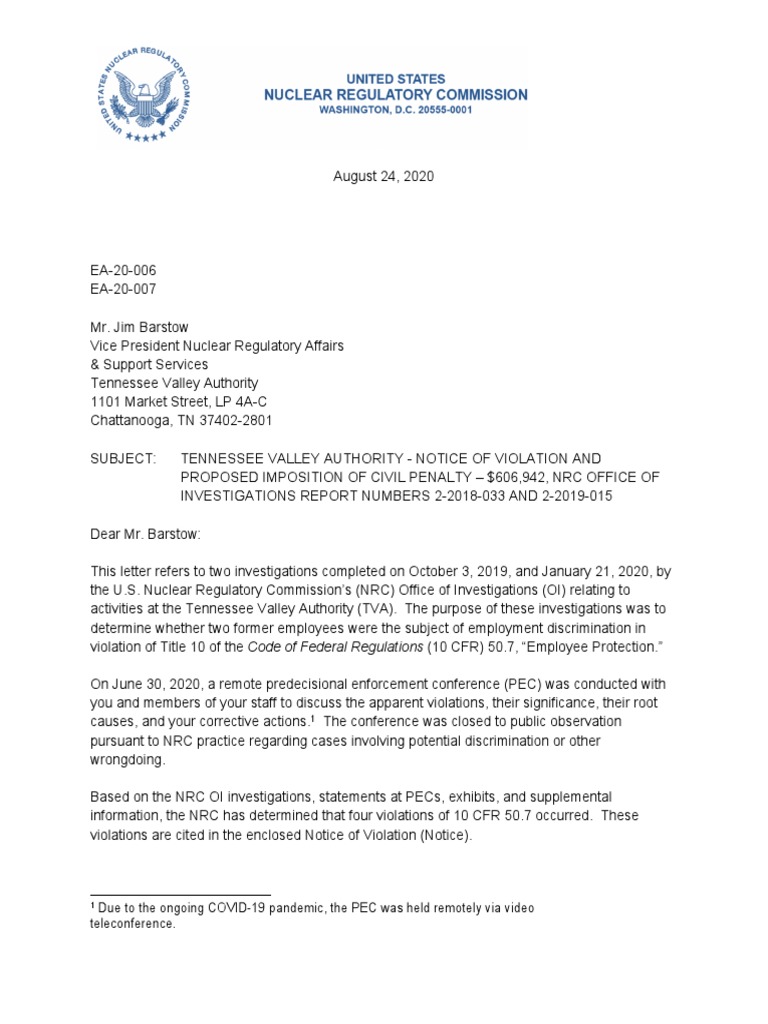 U.S. NRC Cover Letter and Notice of Violation | PDF | Alternative ...
