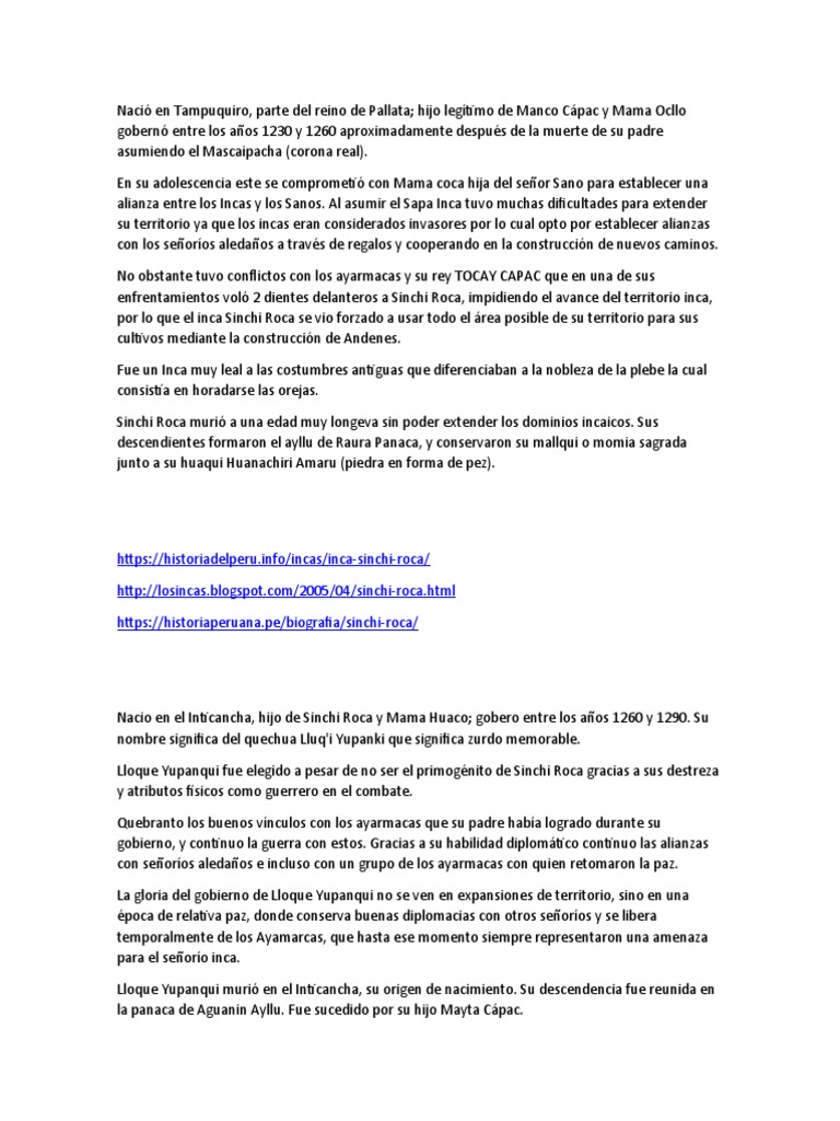 Biografía de Sinchi Roca y Lloque Yupanqui | PDF | América del Sur ...