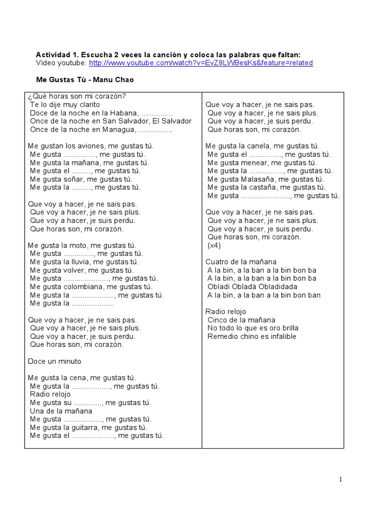 Manu Chao Me Gustas Tú (Actividades Gustar y Verbos Similares) | PDF