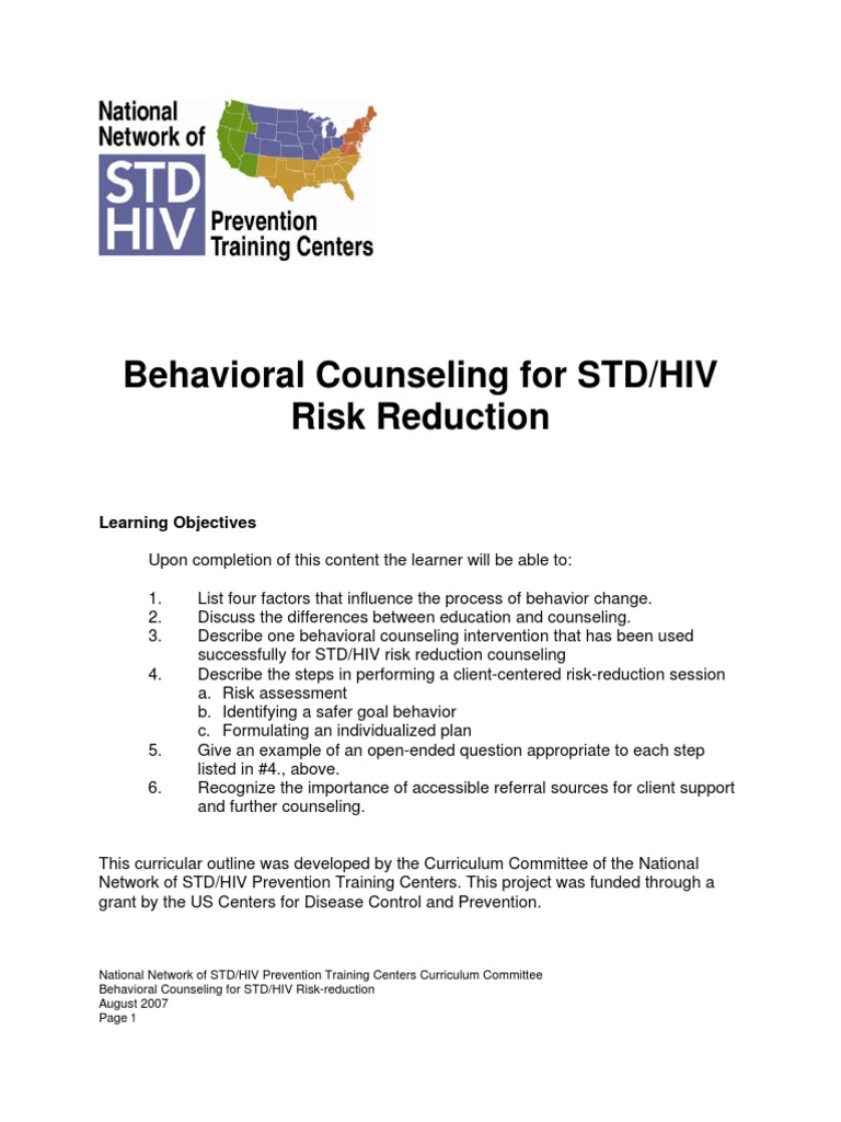 Behavioral Counseling For STD/HIV Risk Reduction: Learning Objectives ...