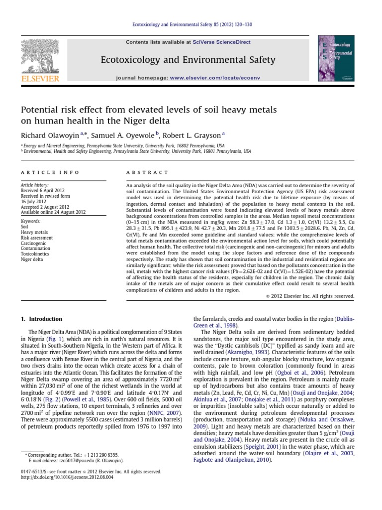 Ecotoxicology and Environmental Safety: Richard Olawoyin, Samuel A ...