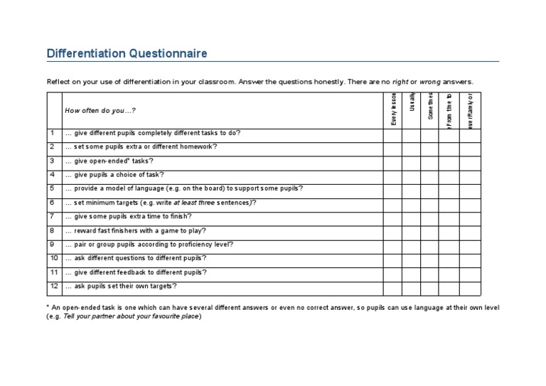 Differentiation Questionnaire | PDF