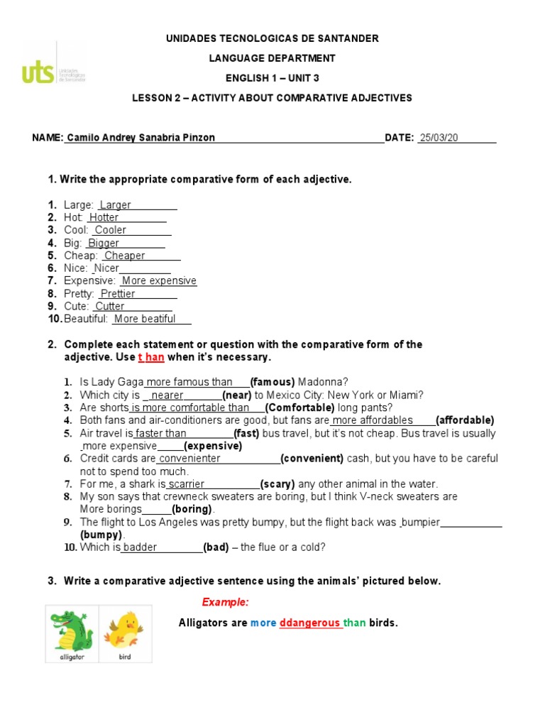 Comparative Adjectives Practice | PDF | Language Arts & Discipline ...