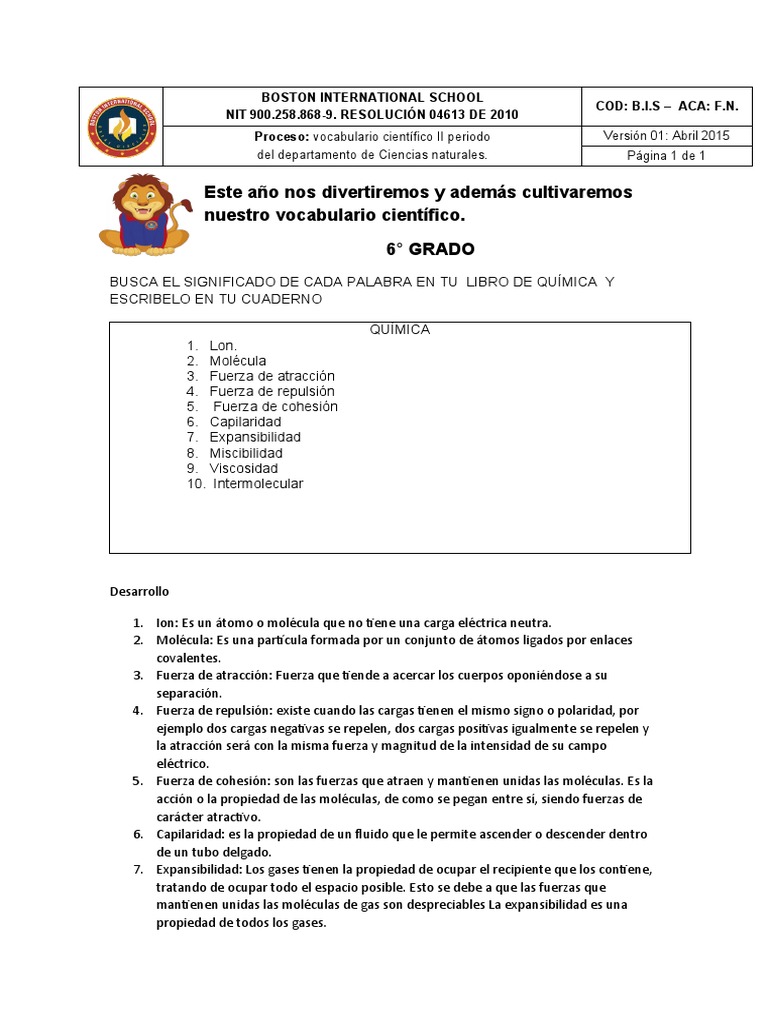 Vocabulario Cientifico Química II PERIODO | PDF | Fuerza intermolecular ...