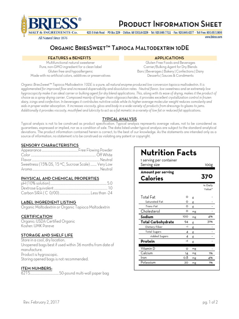 Nutrition Facts: Organic Briessweet™ Tapioca Maltodextrin 10de | PDF ...