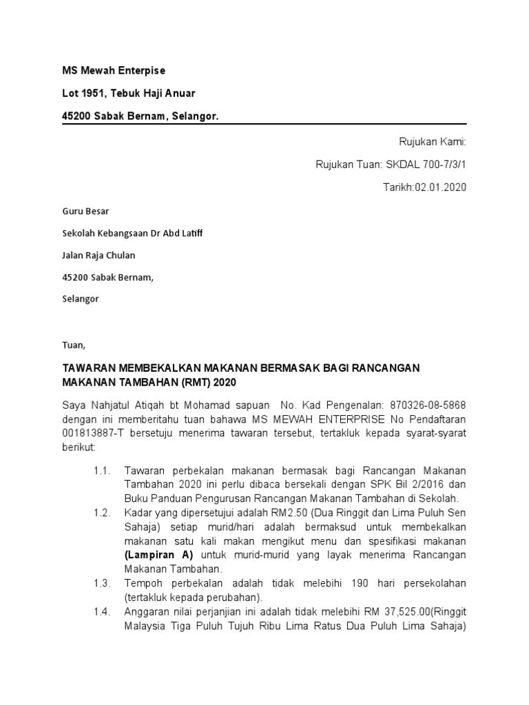 Surat Setujut Terima RMT 2019 | PDF