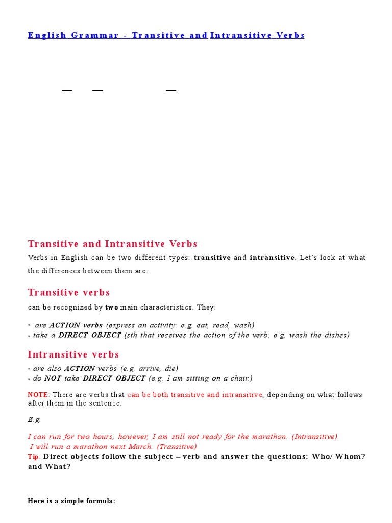 English Grammar - Transitive and Intransitive Verbs | PDF