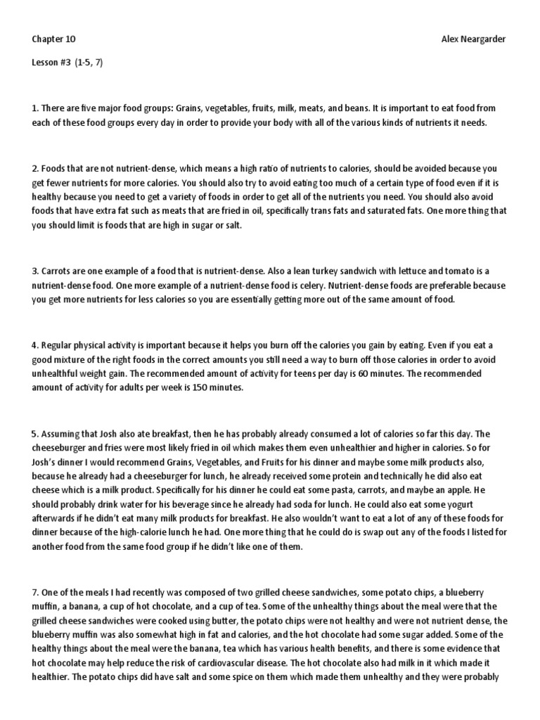 Chapter 10 Lesson 3 Health Homework | PDF | Lunch | Meal