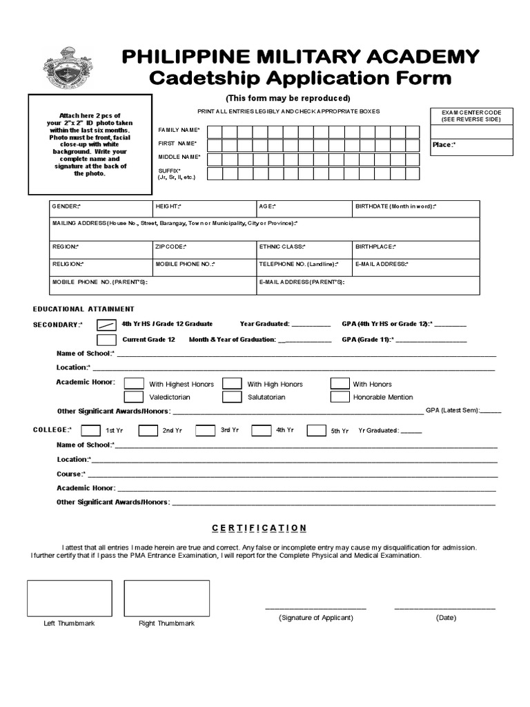 PMA Cadetship Application Form | PDF | University And College Admission ...