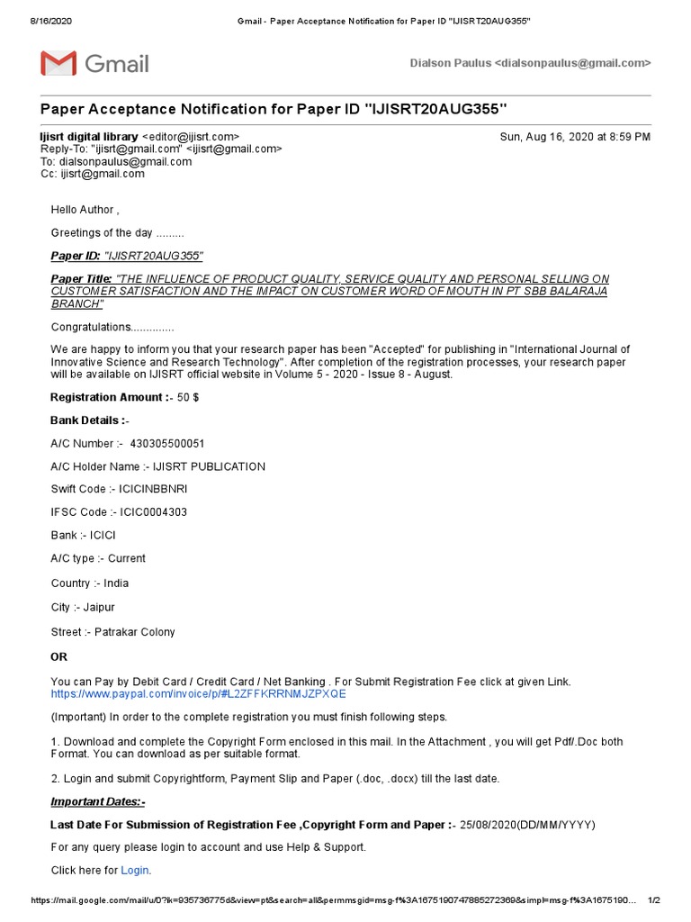 Gmail - Paper Acceptance Notification For Paper ID - IJISRT20AUG355 | PDF | Payments | Financial ...