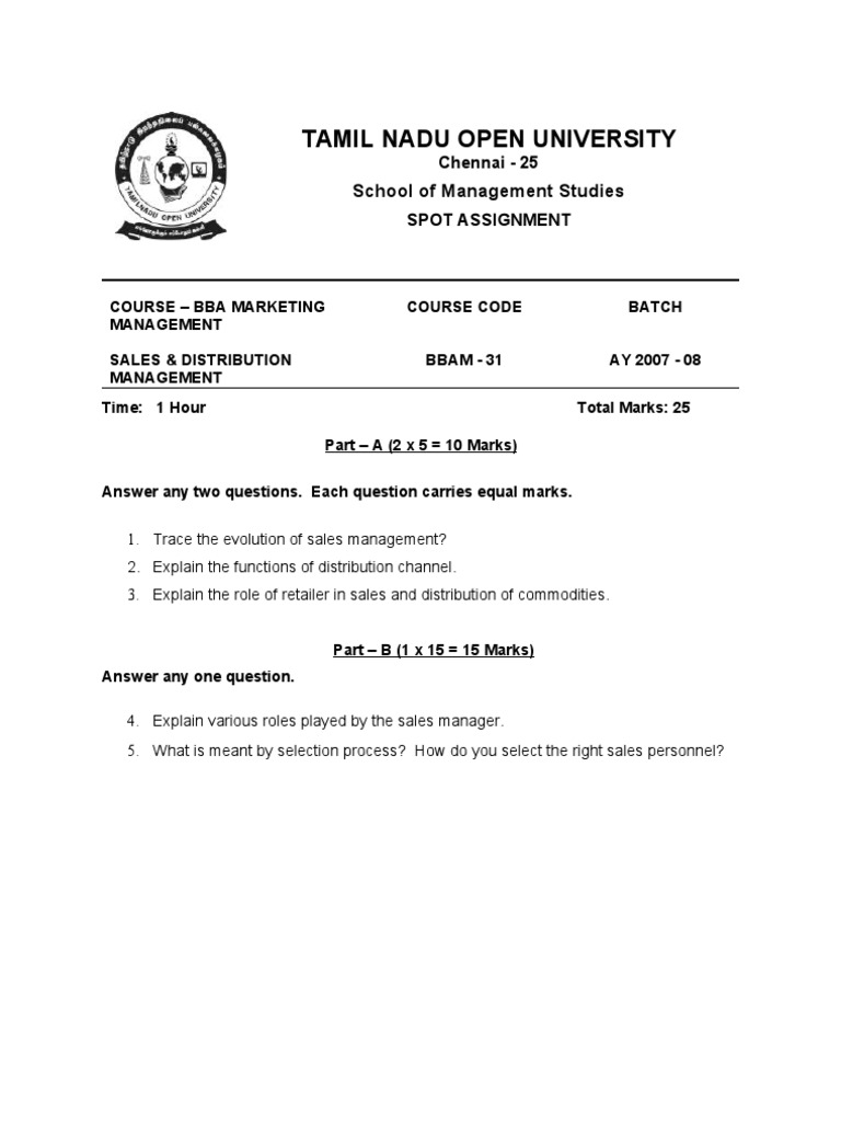 TNOU BBA Marketing Spot Assignments | PDF | Retail | Sales