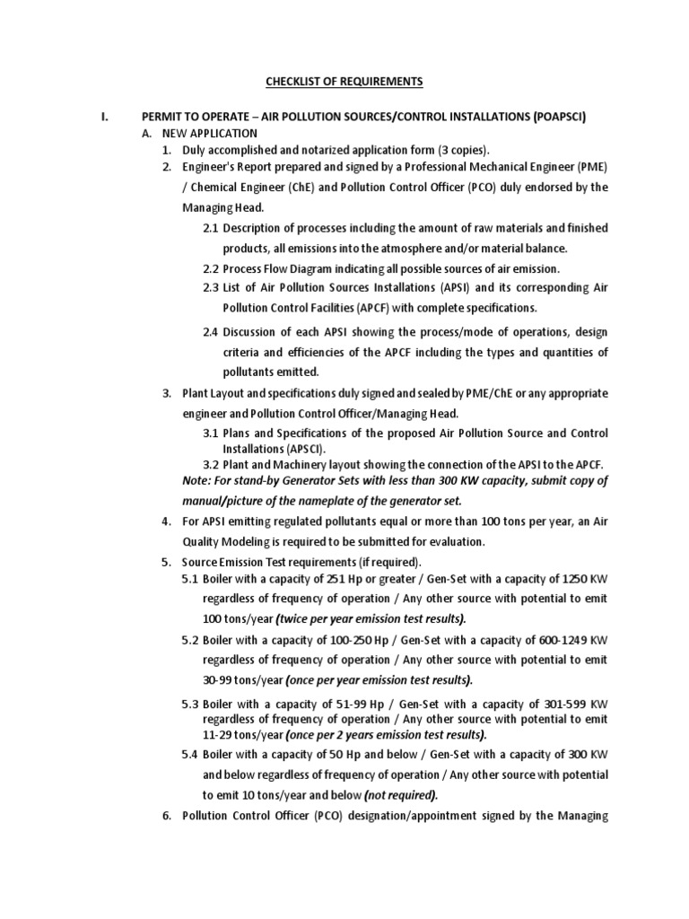 Checklist of Requirements Permit To Operate - Air Pollution Sources ...