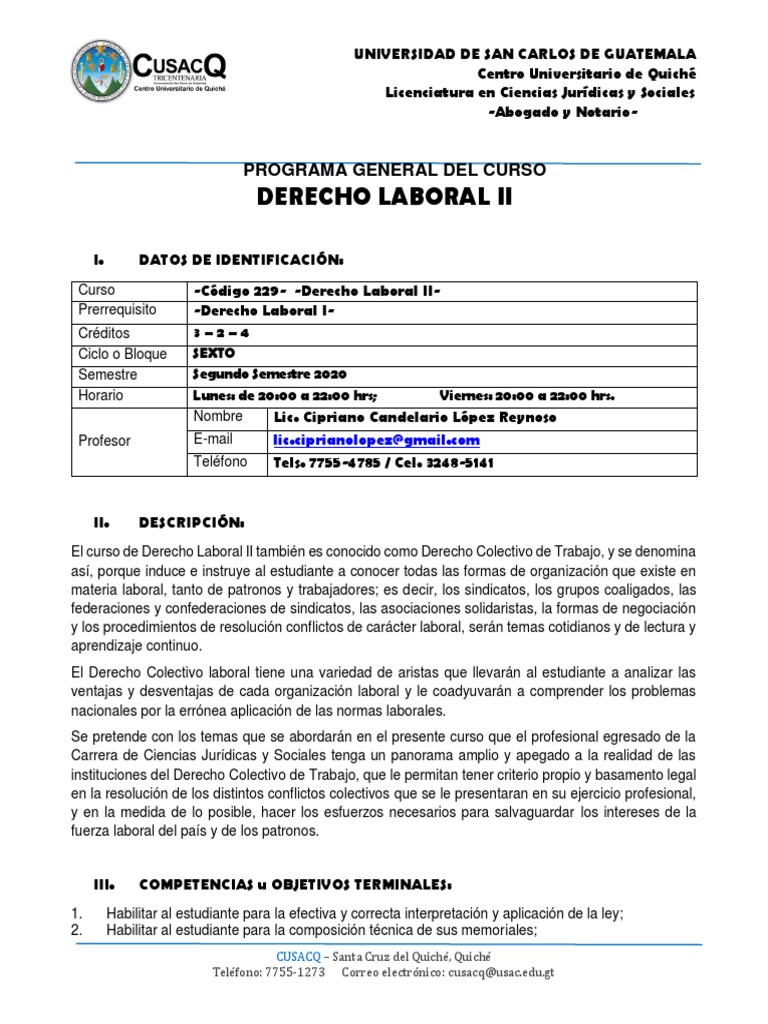 PROGRAMA DE CURSO (Derecho Laboral II) PDF | PDF | Derecho laboral | Prueba (evaluación)