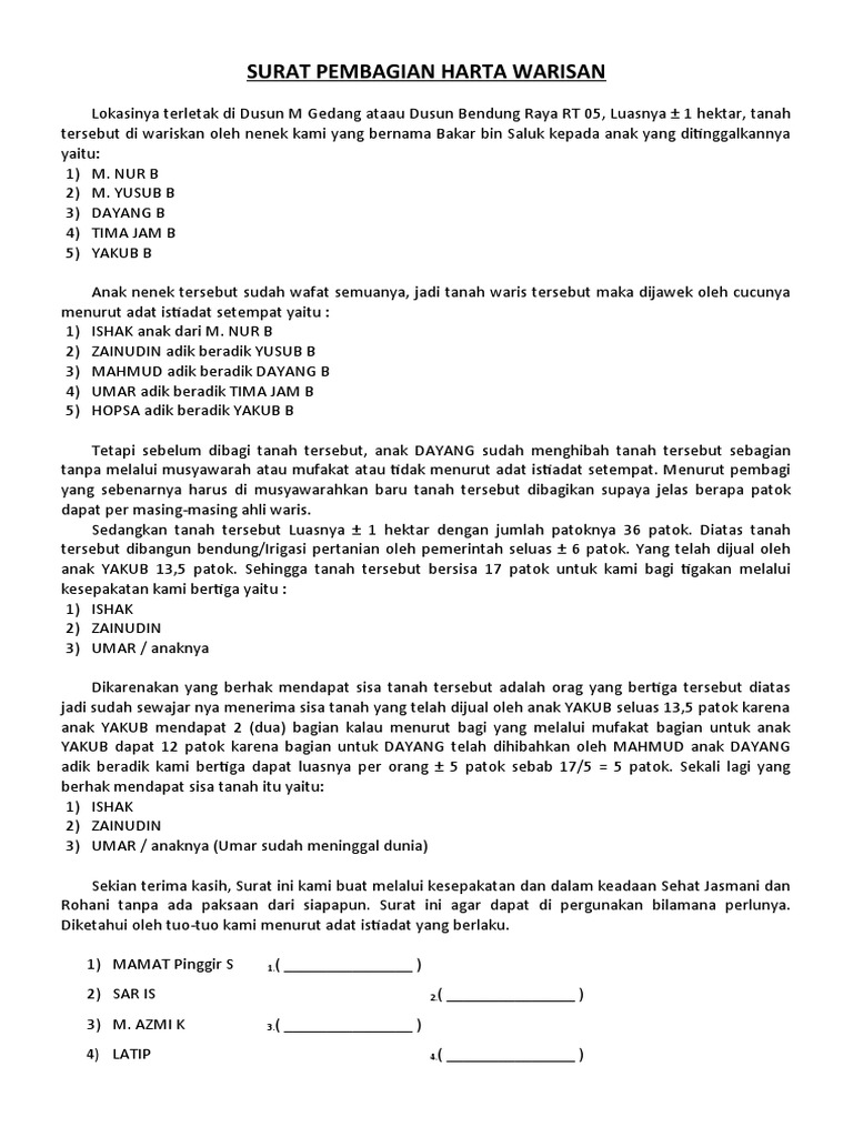 Surat Pembagian Harta Warisan | PDF