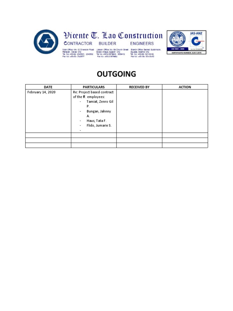 Outgoing: Date Particulars Received by Action | PDF