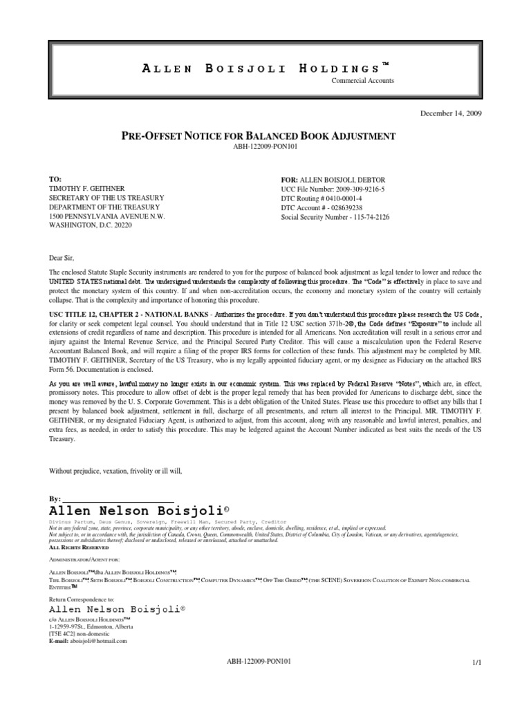 Pree Offset Notice Abh 122009 Pon101pdf Timothy Geithner Internal Revenue Service