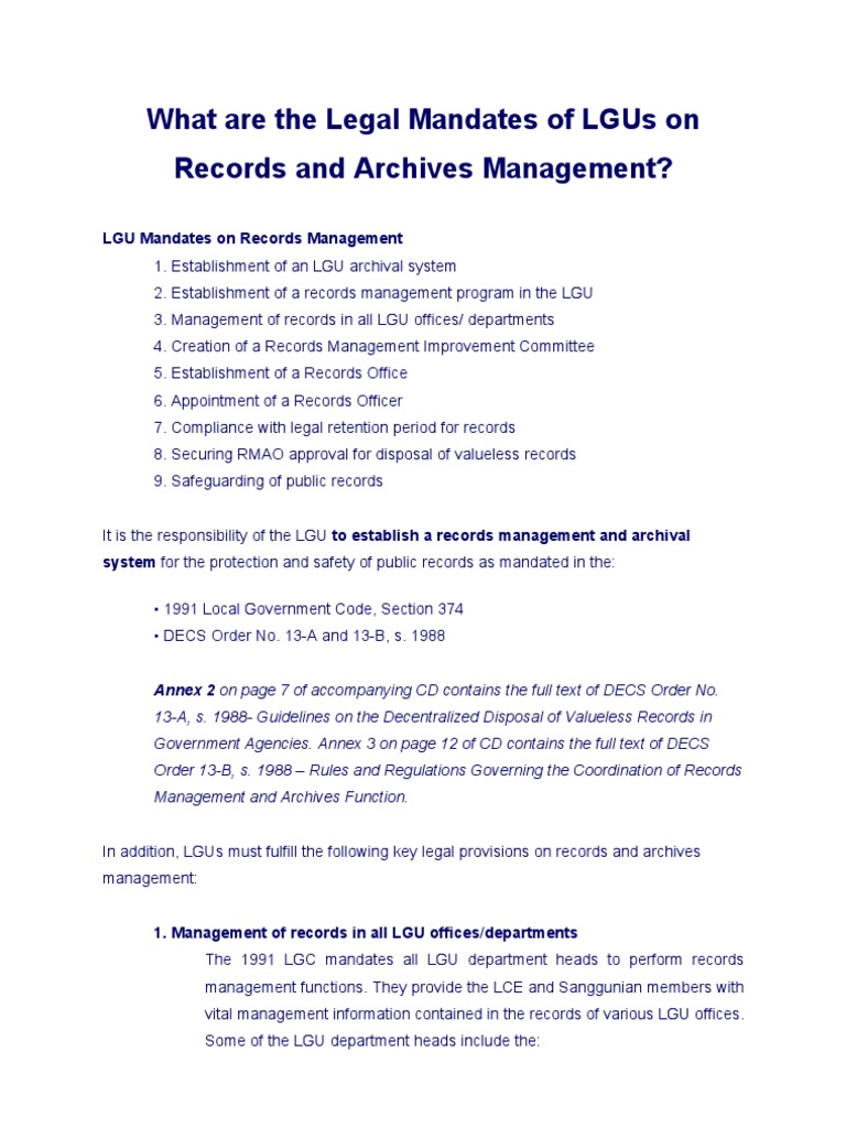 The Legal Mandates of LGUs on Records and Archives Management | Records ...