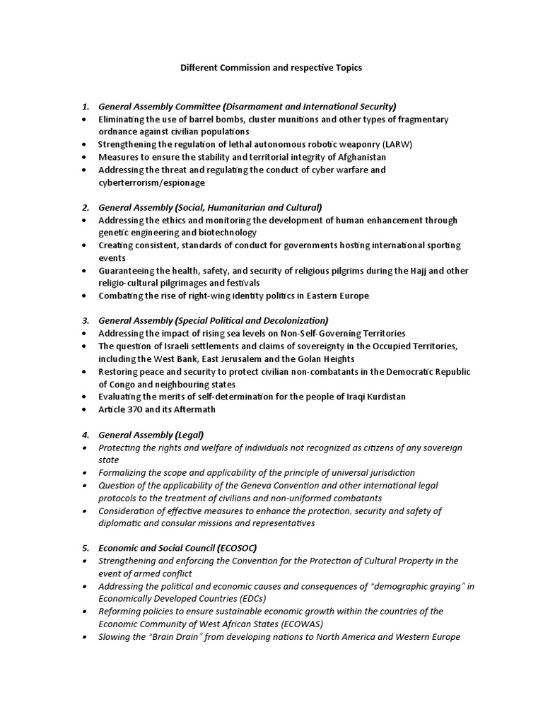 UN Comission and Topics | PDF | United Nations General Assembly | Civilian