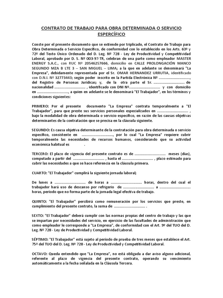 Contrato de Trabajo para Obra Determinada o Servicio Espercífico | PDF | Derecho laboral ...
