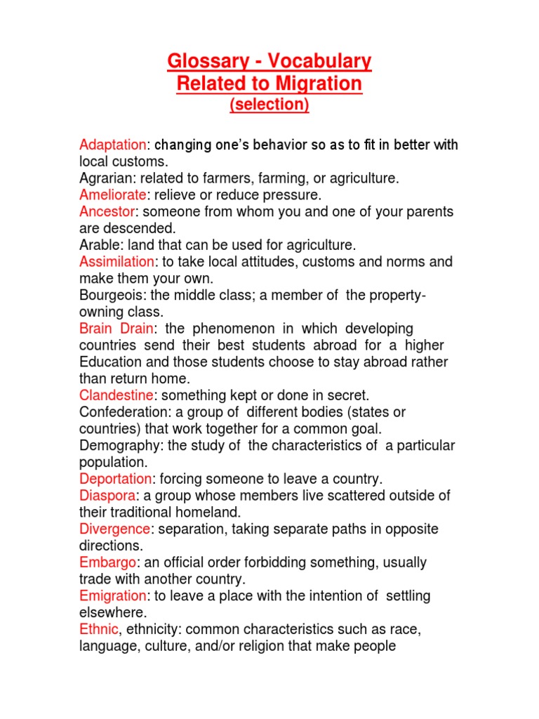 Glossary - Vocabulary Related To Migration: (Selection) | PDF | Human ...