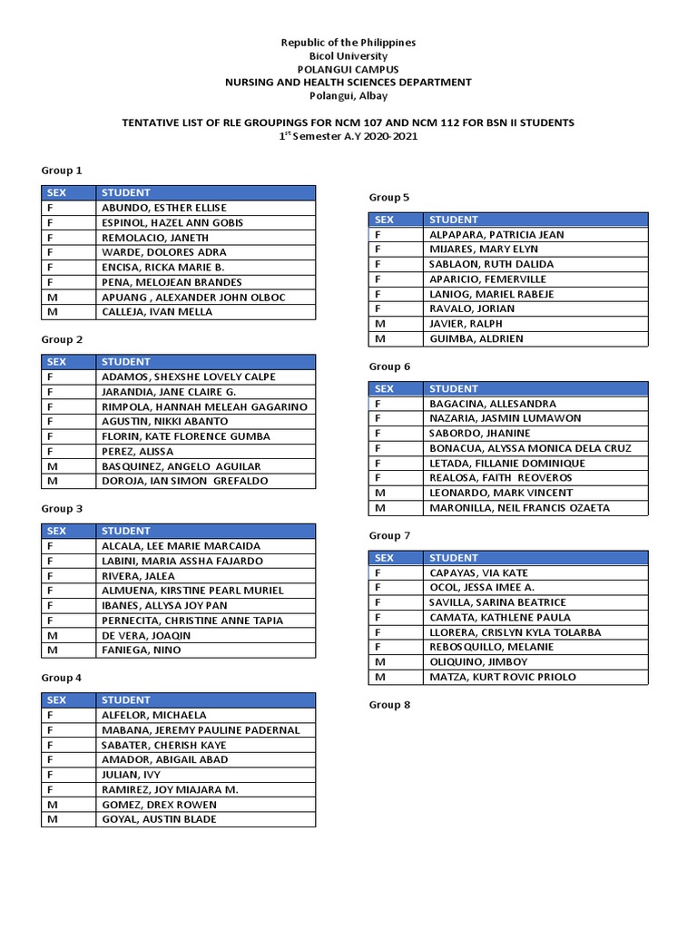 Tentative List of Rle Groupings For NCM 107 and NCM 112 For BSN Ii ...