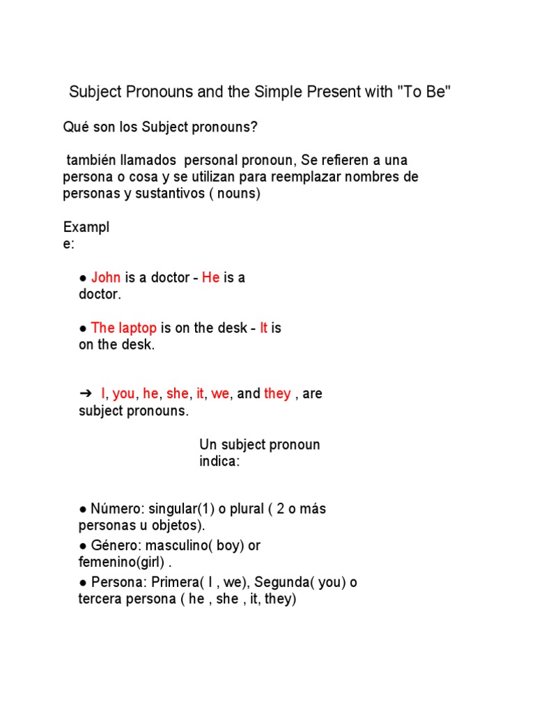 Subject Pronouns and The Simple Present With TO BE | PDF