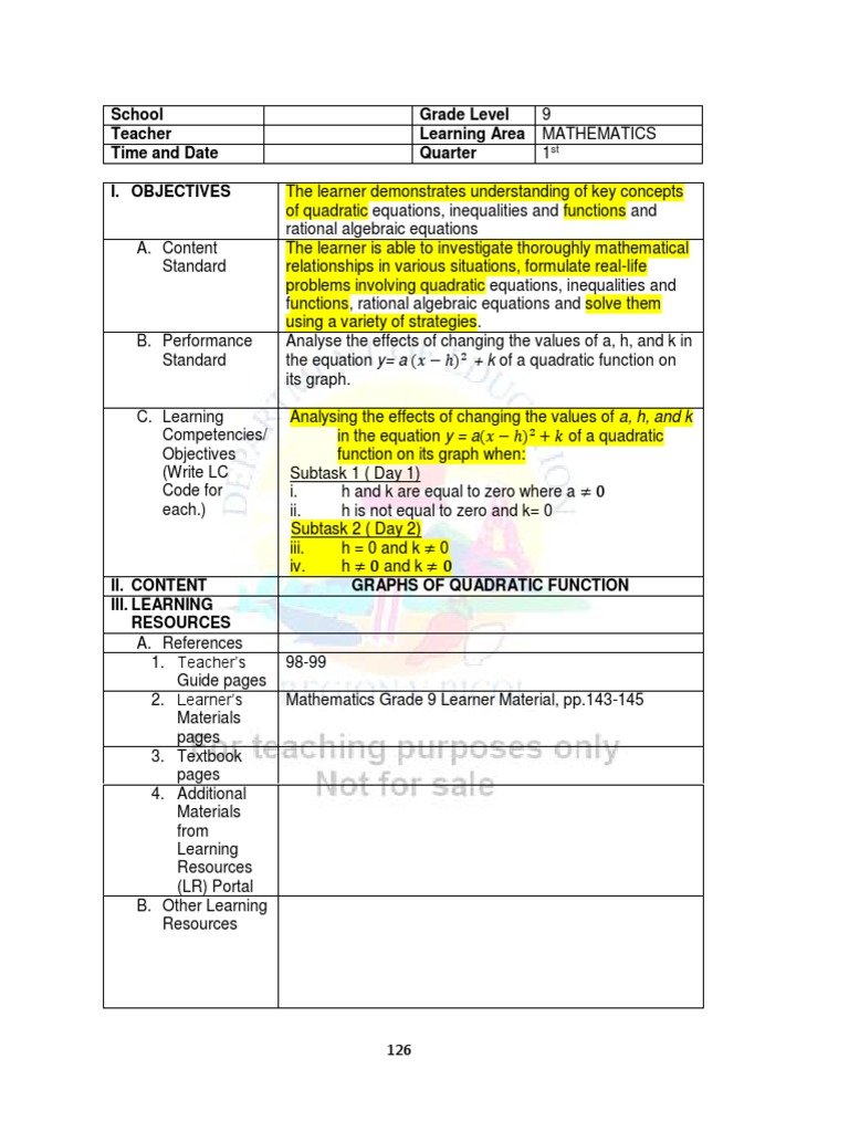 14B - Analyzing The Effects of Changing The Values of A, H and K of A Quadratic Function On Its ...