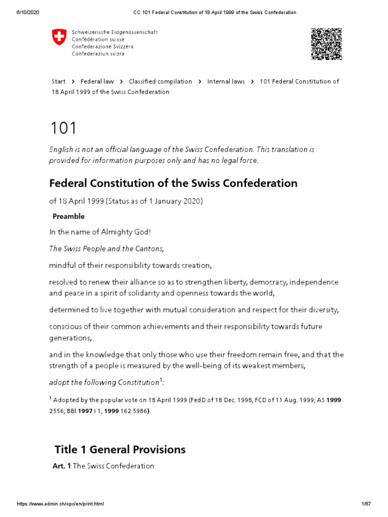 CC 101 Federal Constitution of 18 April 1999 of The Swiss Confederation ...