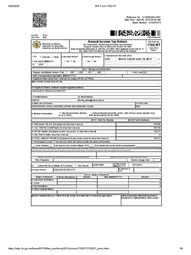BIR Form 1702-RT 2018 | PDF | Tax Deduction | Cost Of Goods Sold