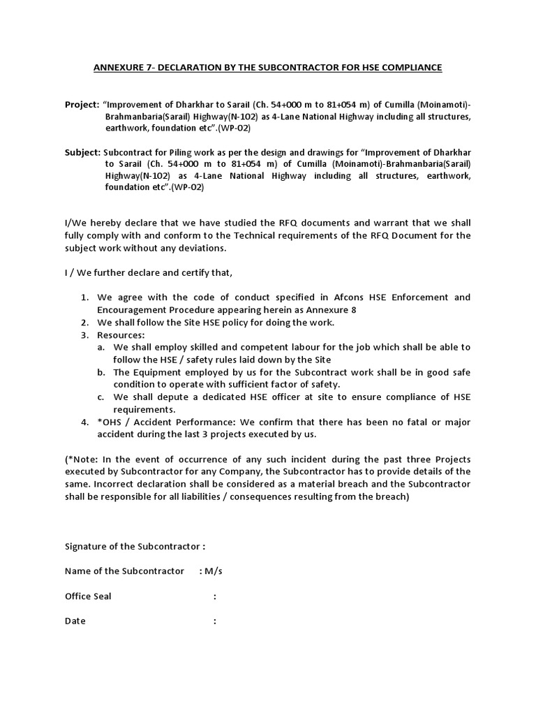 Annexure 9 - Declaration by The Subcontractor For HSE Compliance | PDF