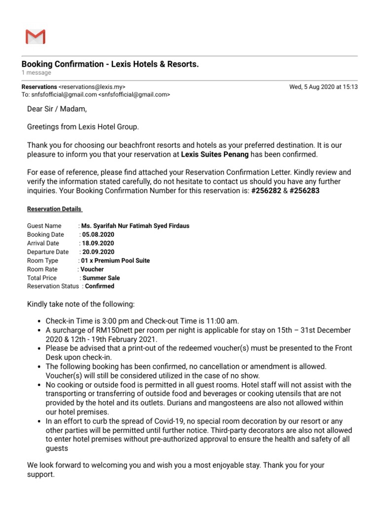 Booking Confirmation - Lexis Hotels & Resorts.: 1 Message | PDF | Hotel ...