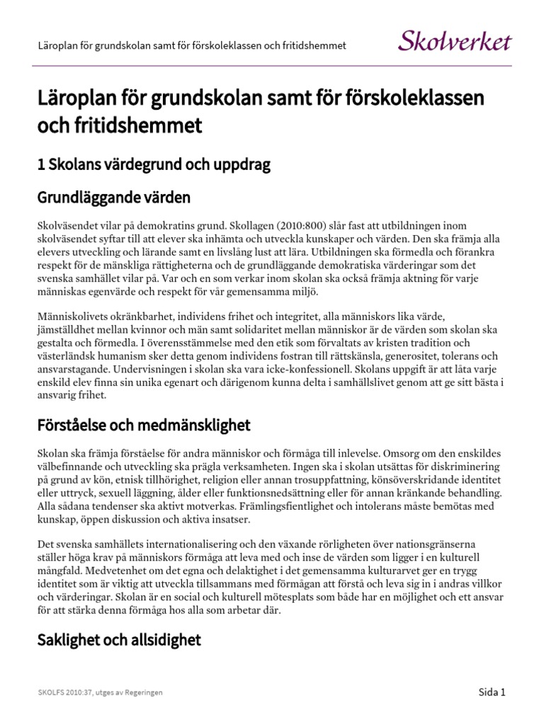 Läroplan För Grundskolan | PDF