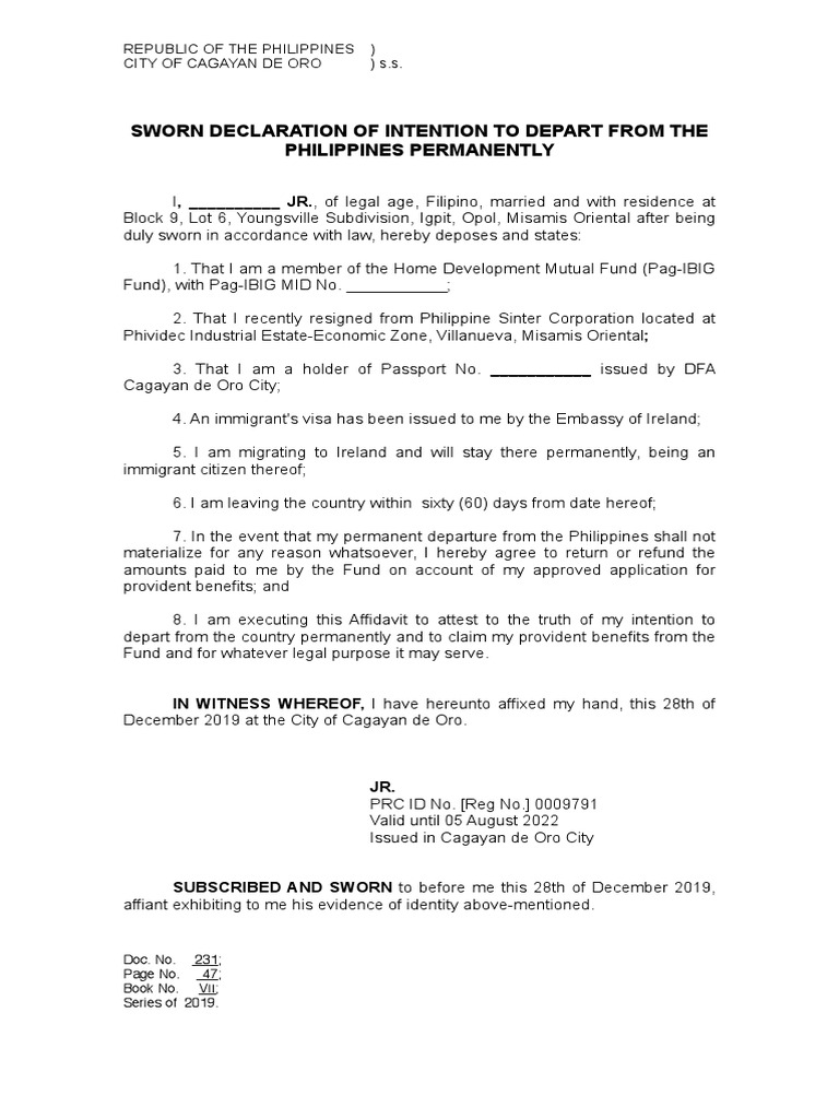 Sworn Declaration of Intention To Depart From The Philippines ...