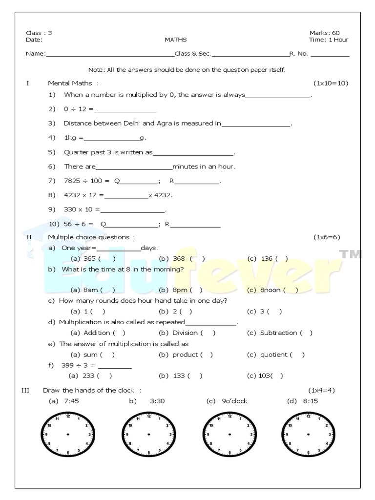 CBSE Class 3 Maths Sample Paper Set A | PDF | Multiplication | Arithmetic