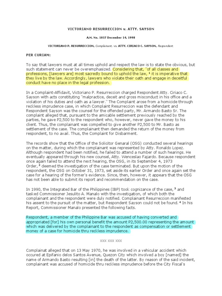 VICTORIANO RESURRECCION v. ATTY. SAYSON PDF | PDF | Disbarment | Lawyer