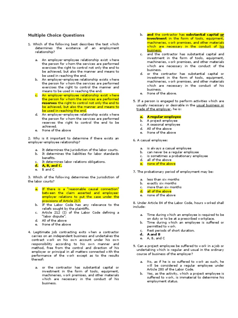 Multiple Choice Questions | PDF | Employment | Labour Law